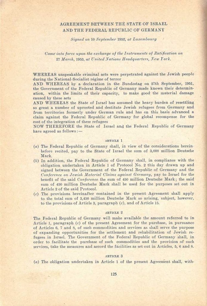 The Reparations Agreement of 1952 and the response in Israel